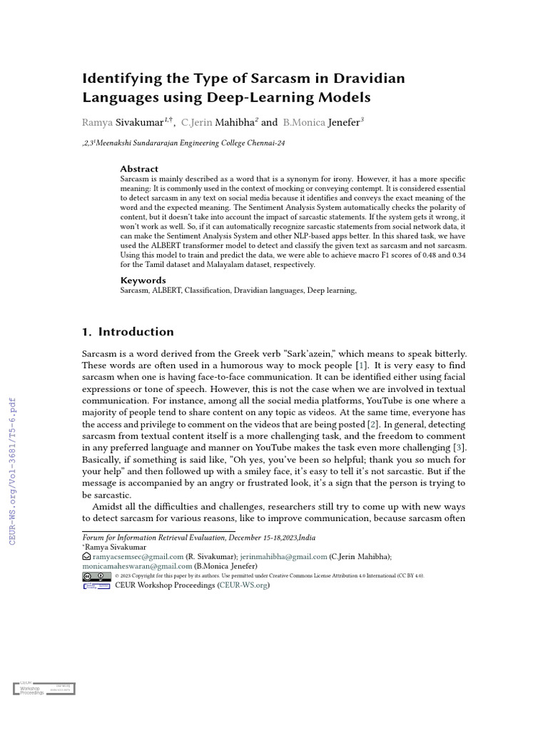 Identifying The Type of Sarcasm in Dravidian | PDF | Support Vector Machine | Learning