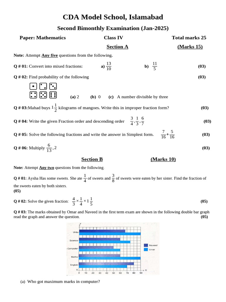 Class IV Mathematics Exam January 2025 | PDF | Mathematics