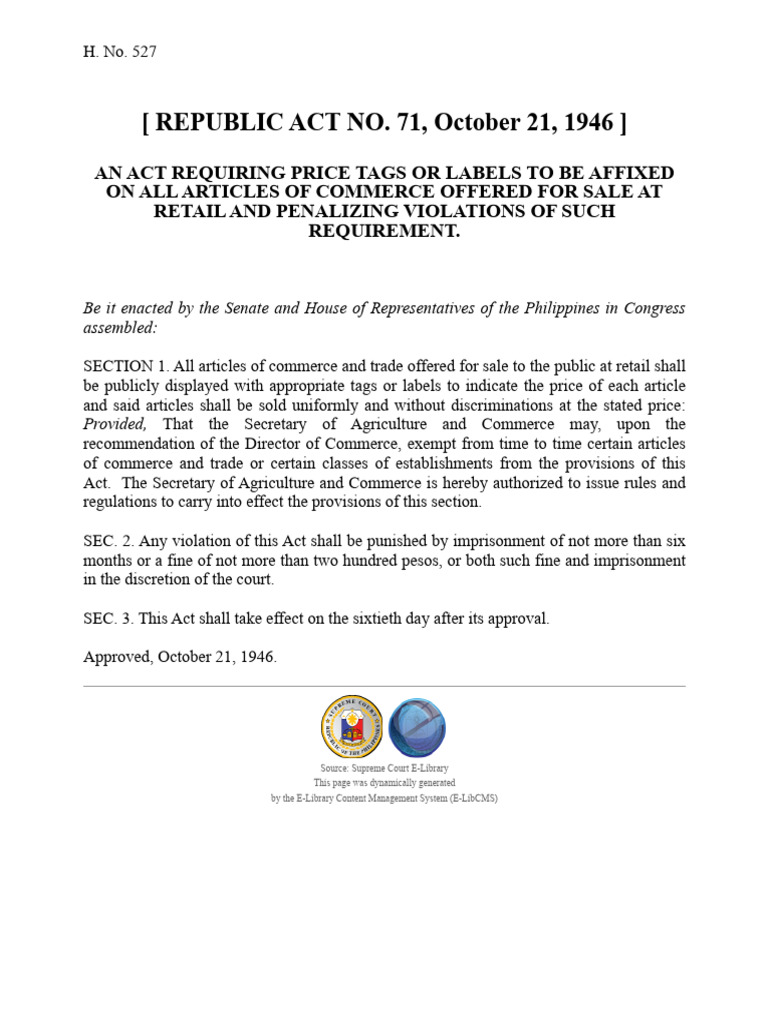 Price Tag Law (Republic Act No. 71) | PDF