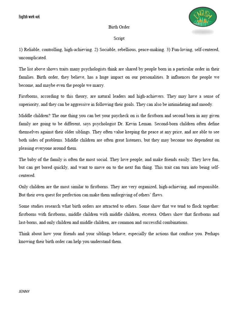 birth order script | PDF | Psychology | Psychological Concepts