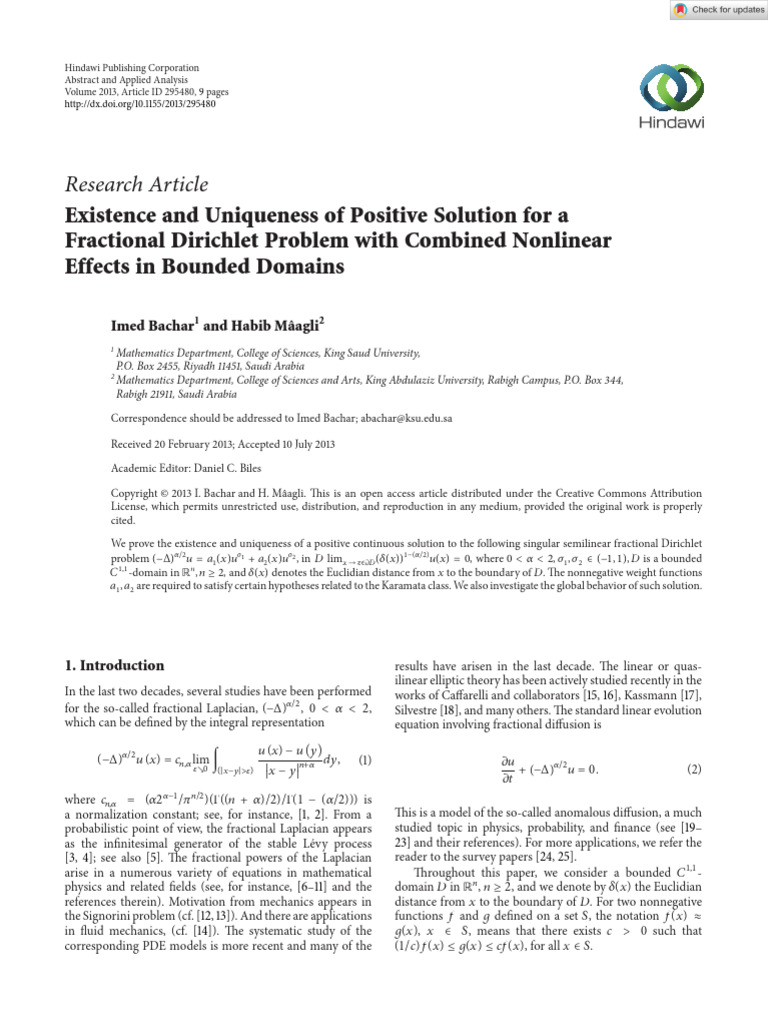 2013 - Bachar - Existence and Uniqueness of Positive Solution For A Fractional Dirichlet | PDF ...