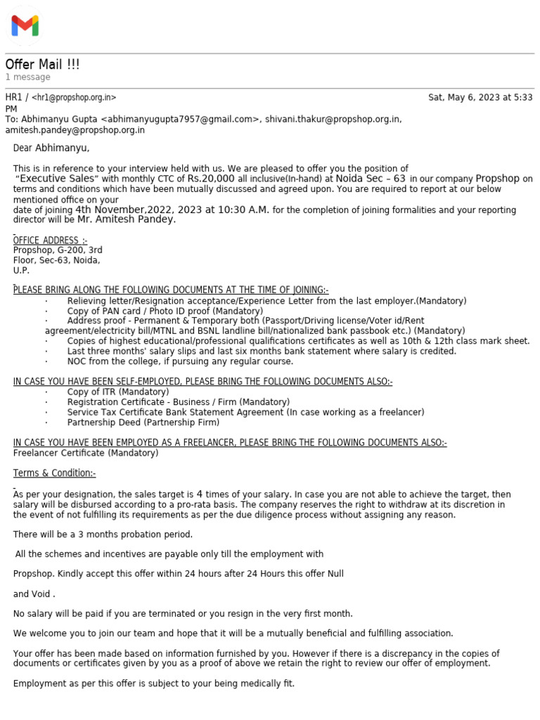 Propshop Offer letter | PDF