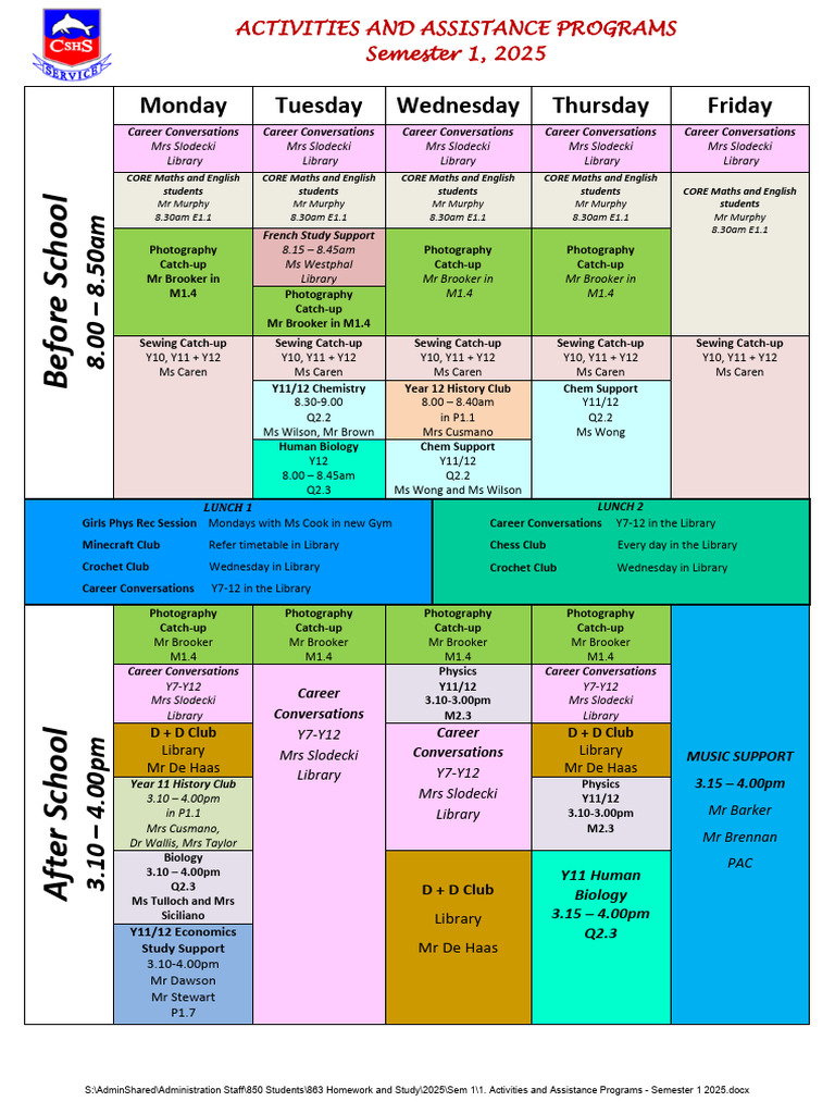 Semester 1, 2025 Activities Schedule | PDF