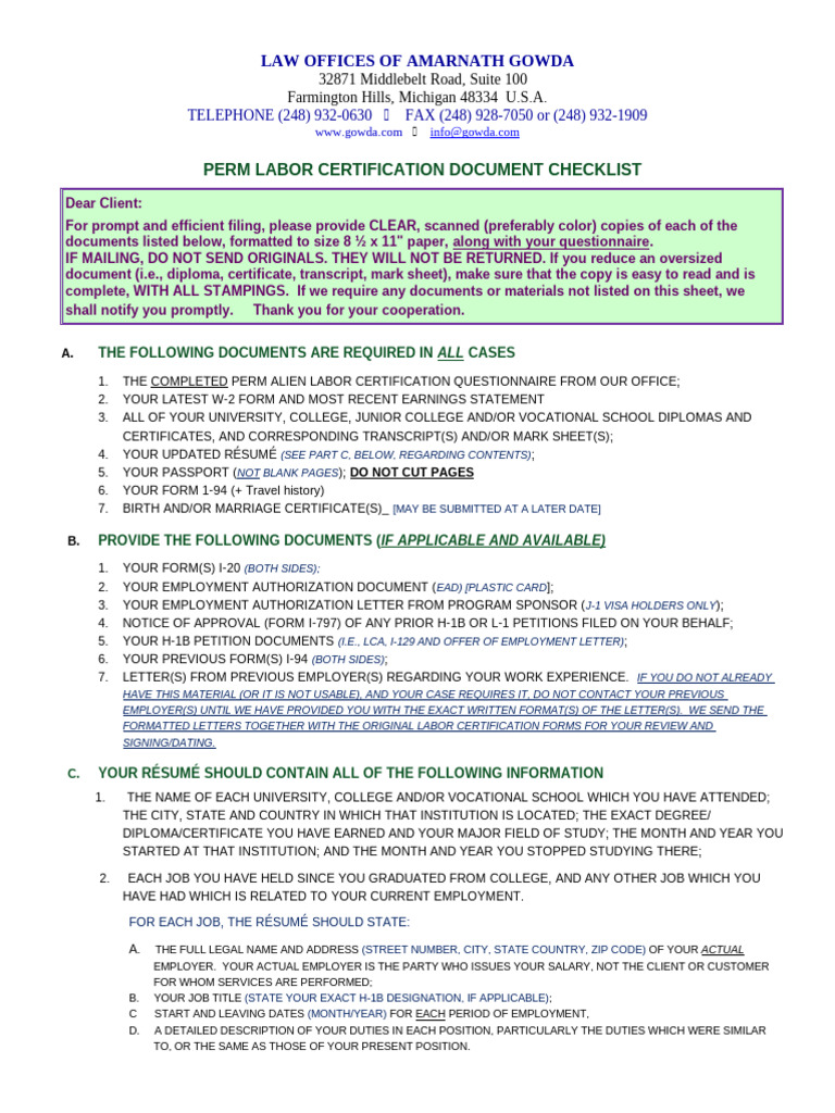 PERM-Document-Checklist-2020-1 | PDF | H 1 B Visa | Employment