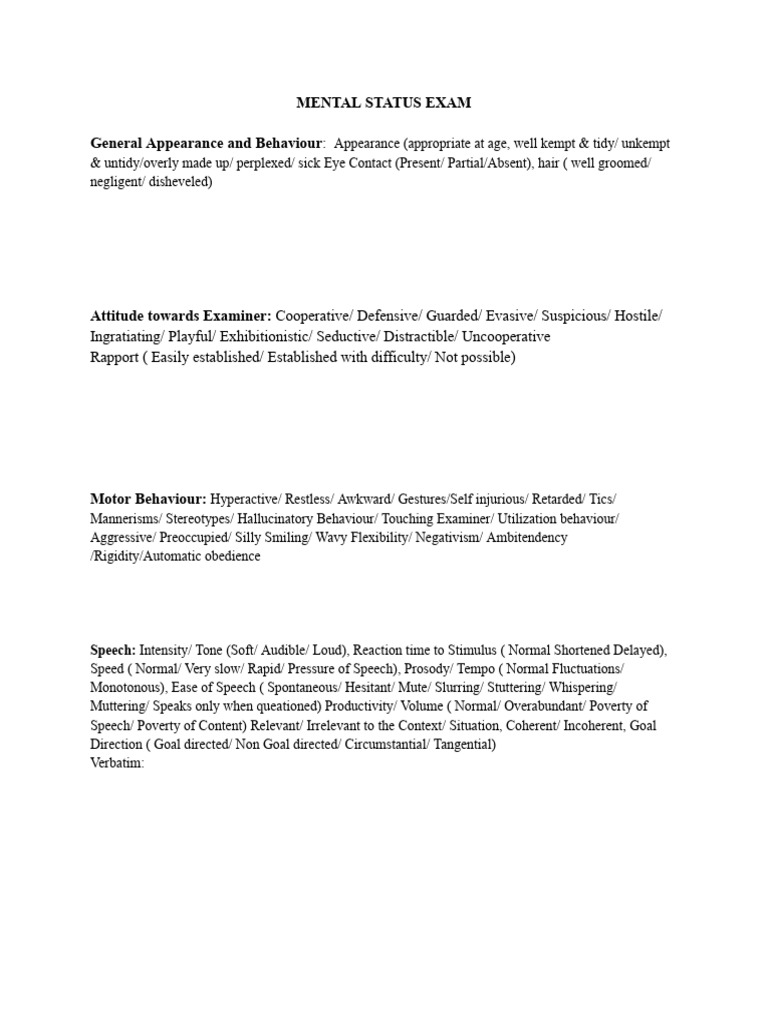 MENTAL STATUS EXAM | PDF | Mental Health | Psychology