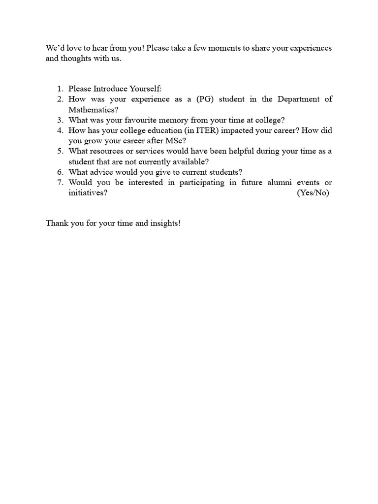 Alumni Feedback Survey for Mathematics PGs | PDF