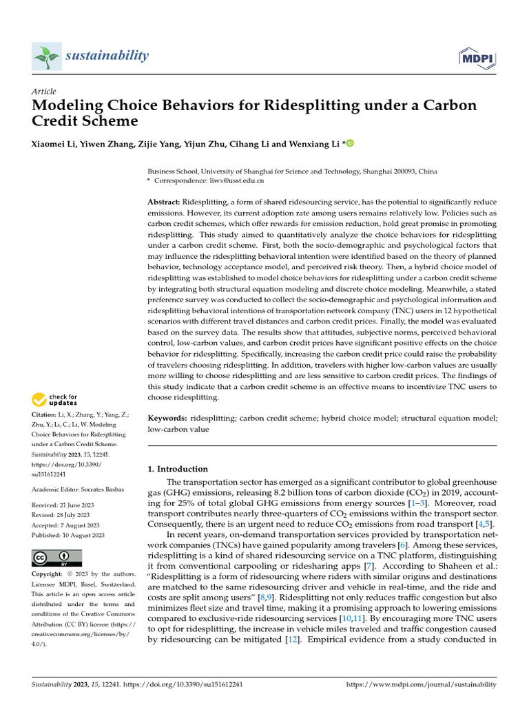 Modeling Choice Behaviors For Ridesplitting Under A Carbon Credit ...