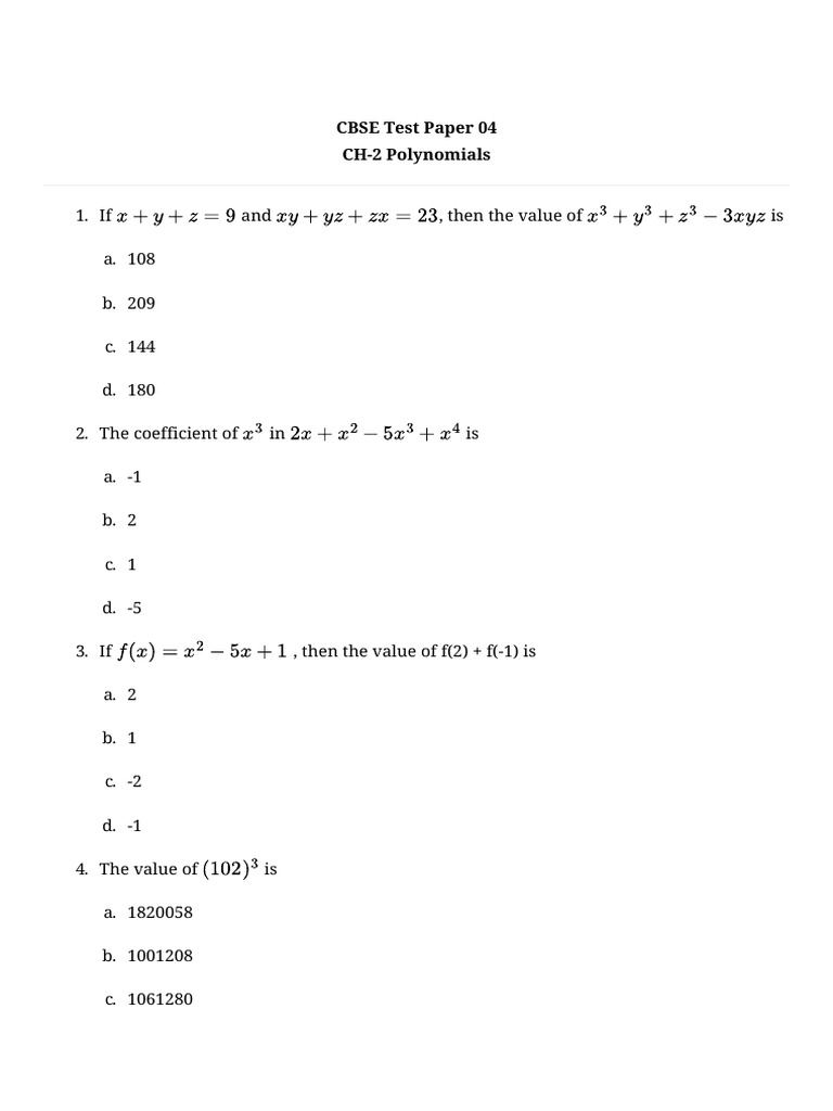 4.polynomial Test 4 Class 9 | PDF