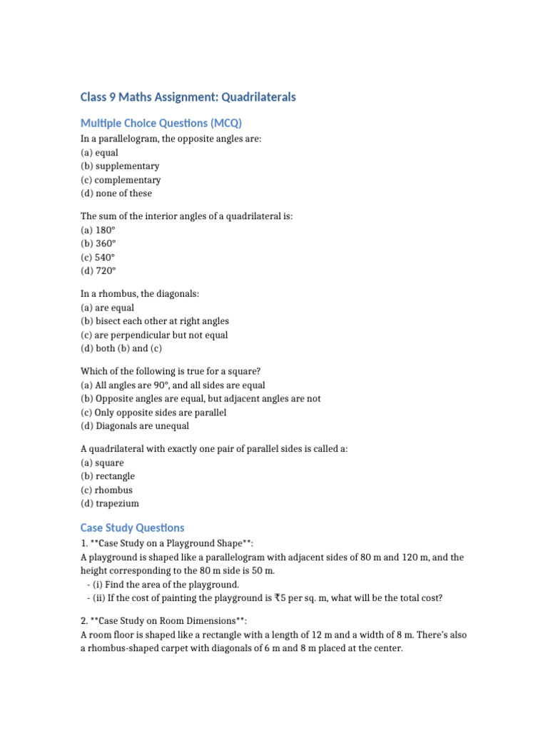 Class_9_Maths_Assignment_Quadrilaterals | PDF | Rectangle | Geometry