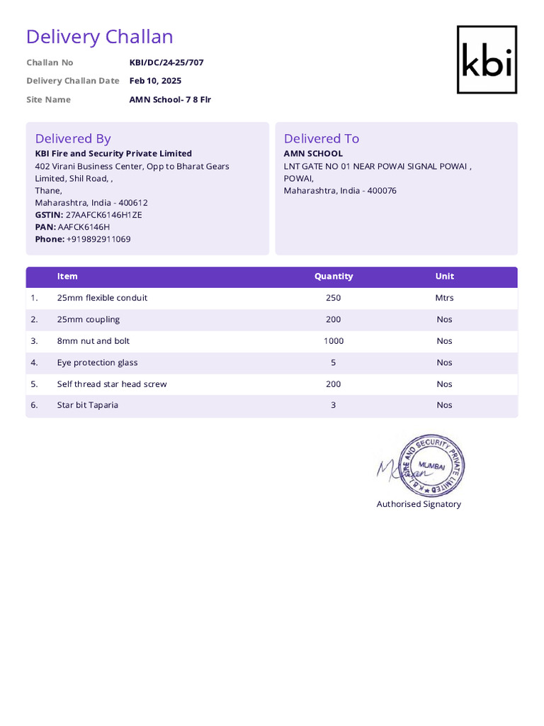 Deliverychallan Kbidc24 25707 Kbi Fire and Security Private Limited Amn ...