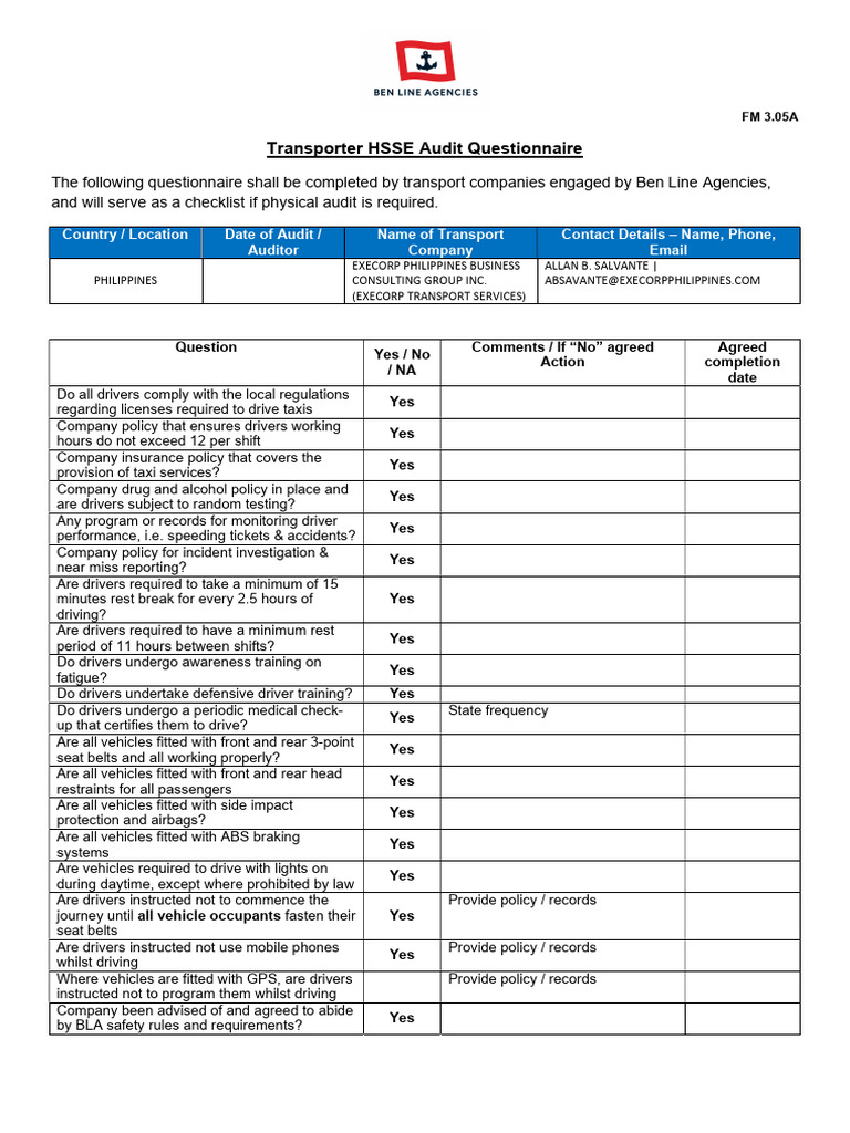 Transporter HSSE Audit Checklist | PDF | Vehicles | Bus