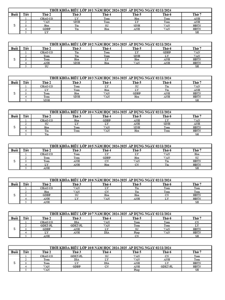 TKB HS Chính Khóa Áp D NG Ngày 02-11-2024 | PDF