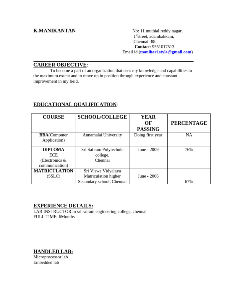 ECE Diploma Resume of K. Manikantan | PDF | Computing