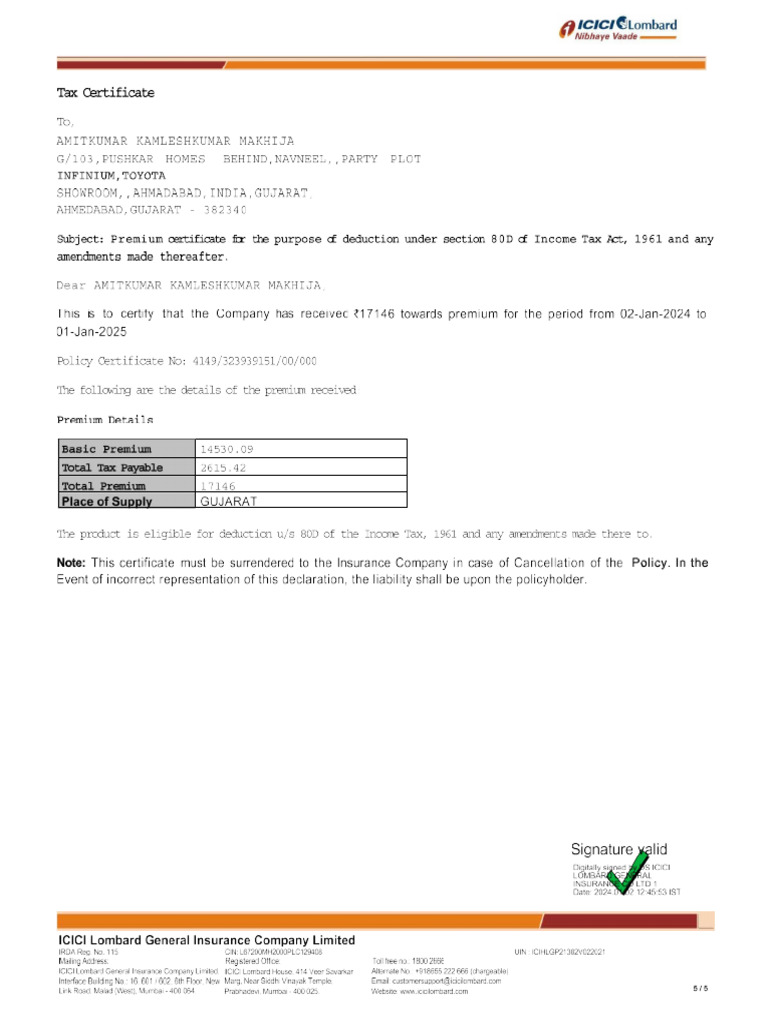 Policy Receipt ICICI Lombard | PDF