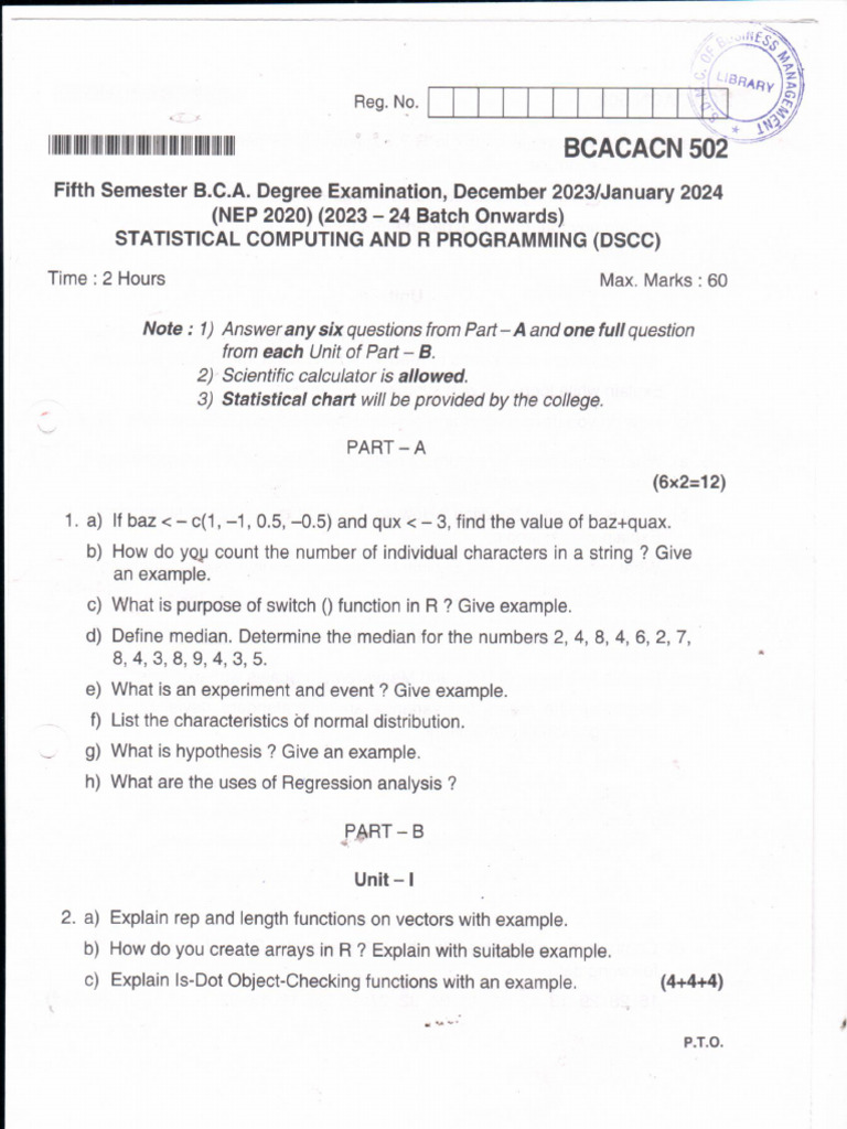 BCA V Semester Statistical Computing and R Programming NEP Jan 2024 | PDF