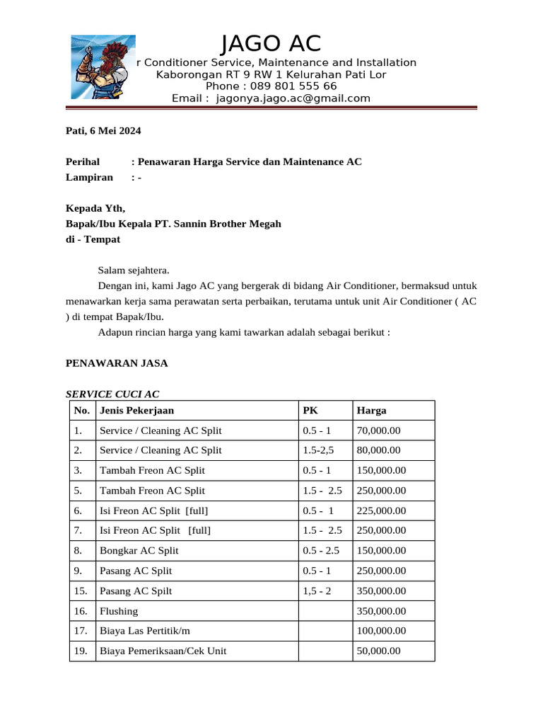 Surat Penawaran Servis dan Maintenance Jago AC | PDF