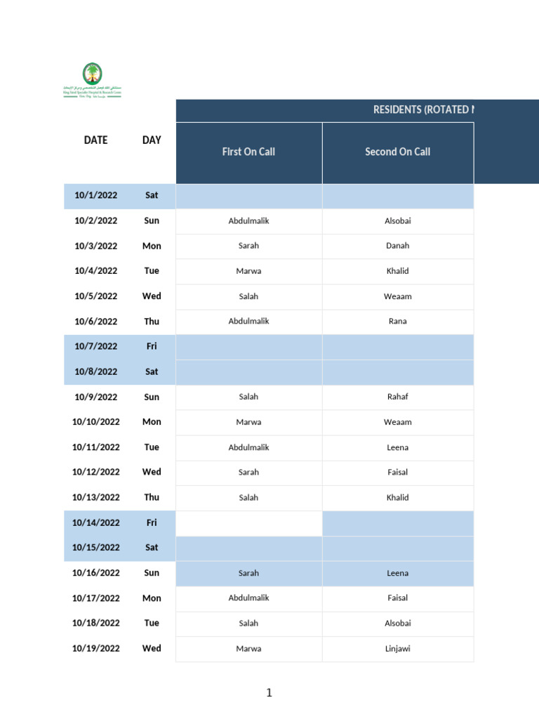 October On Call Schedule 2022 | PDF