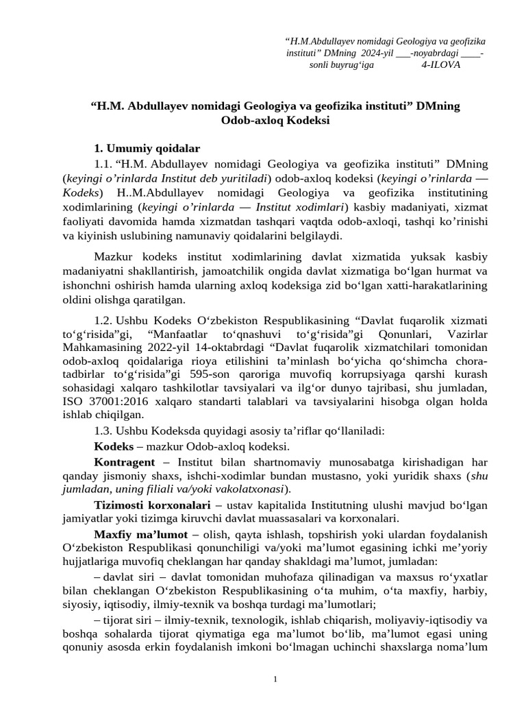 "H.M. Abdullayev Nomidagi Geologiya Va Geofizika Instituti" Dmning Odob ...