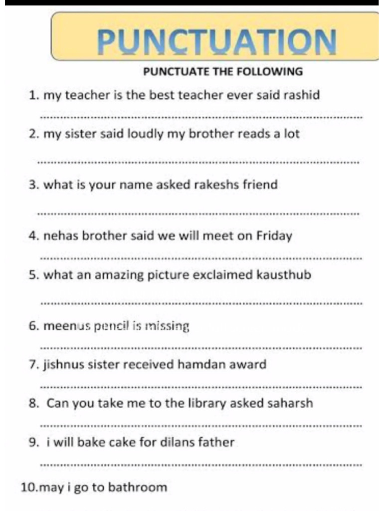 Puntuation Practice Worksheet Class 5 | PDF