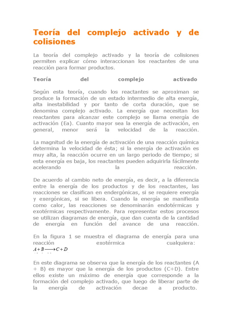 Teoría Del Complejo Activado y de Colisiones | PDF | Reacciones ...