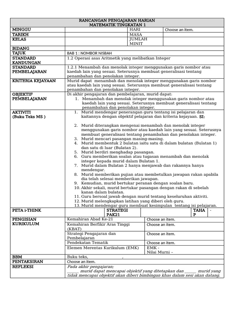 RPH Aritmetik Tingkatan 1: Operasi Asas | PDF