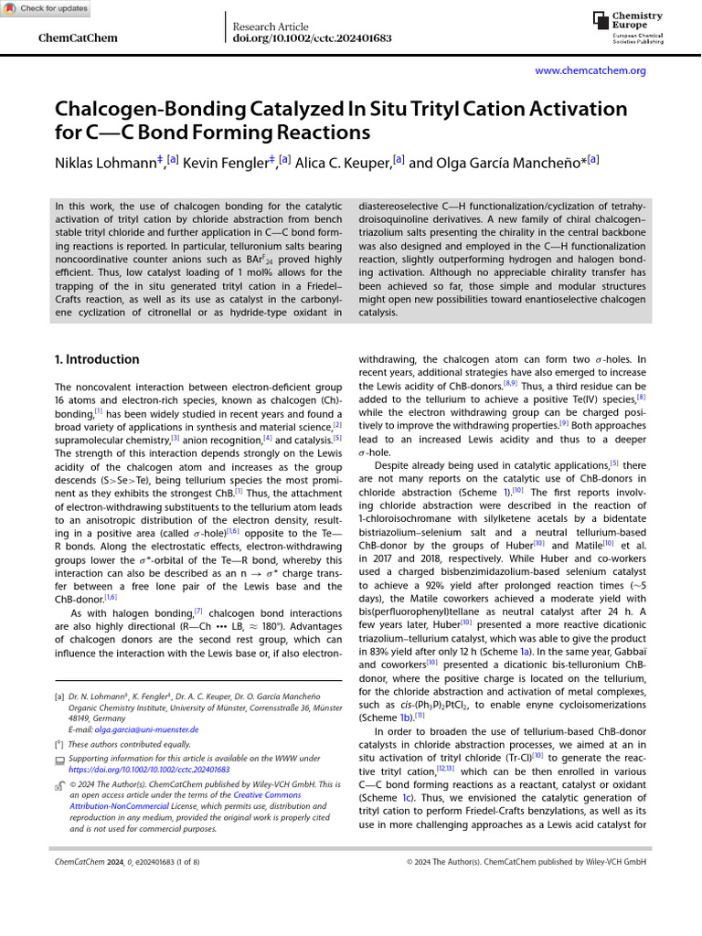 ChemCatChem - 2024 - Lohmann - Chalcogen Bonding Catalyzed in Situ ...