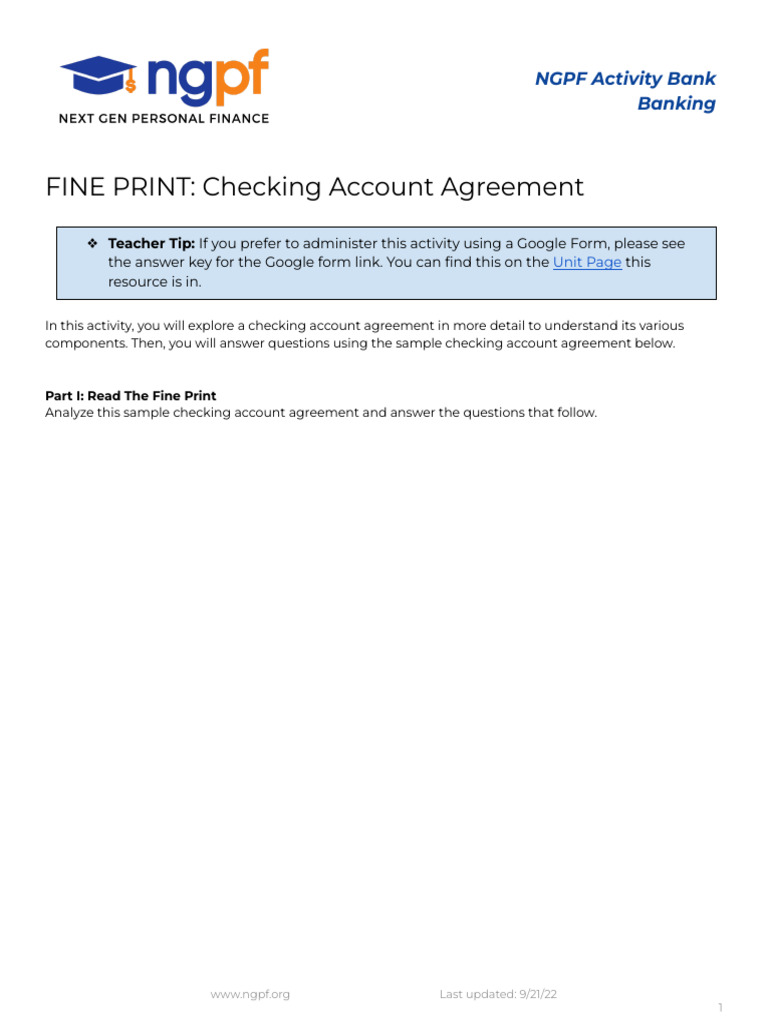 FINE PRINT: Checking Account Agreement: Teacher Tip | PDF | Transaction ...