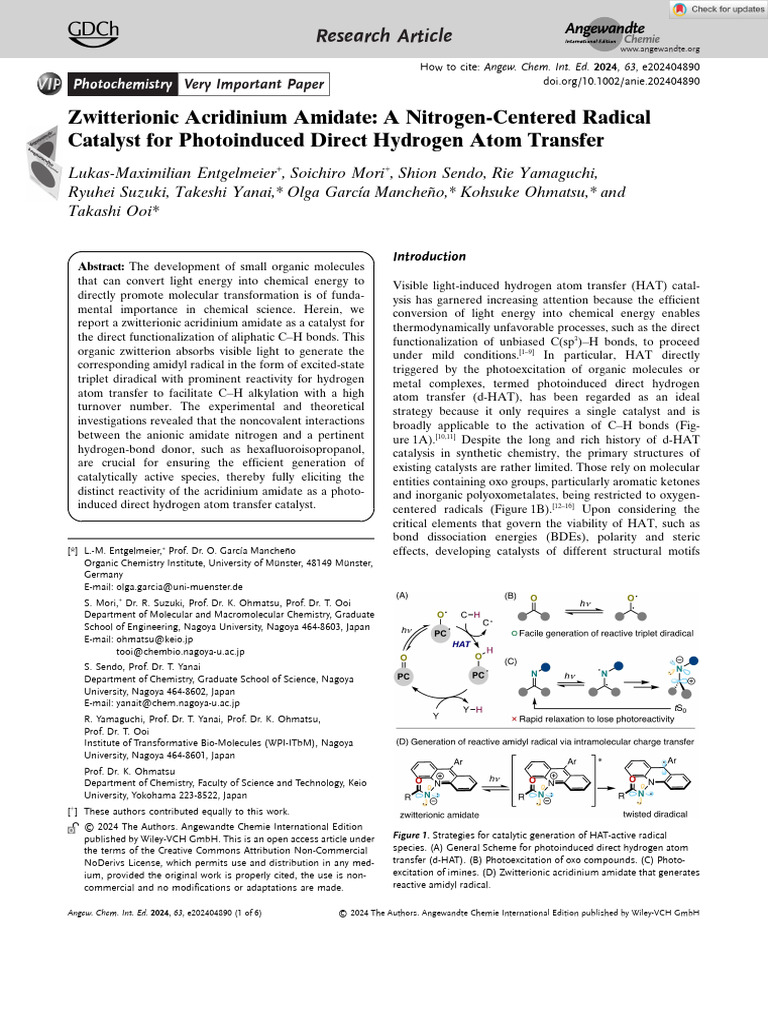 Angew Chem Int Ed - 2024 - Entgelmeier - Zwitterionic Acridinium ...