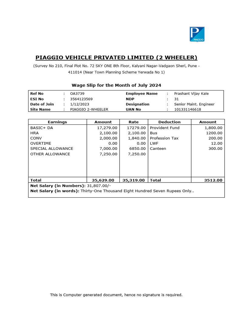 July 2024 Wage Slip for Prashant Kale | PDF