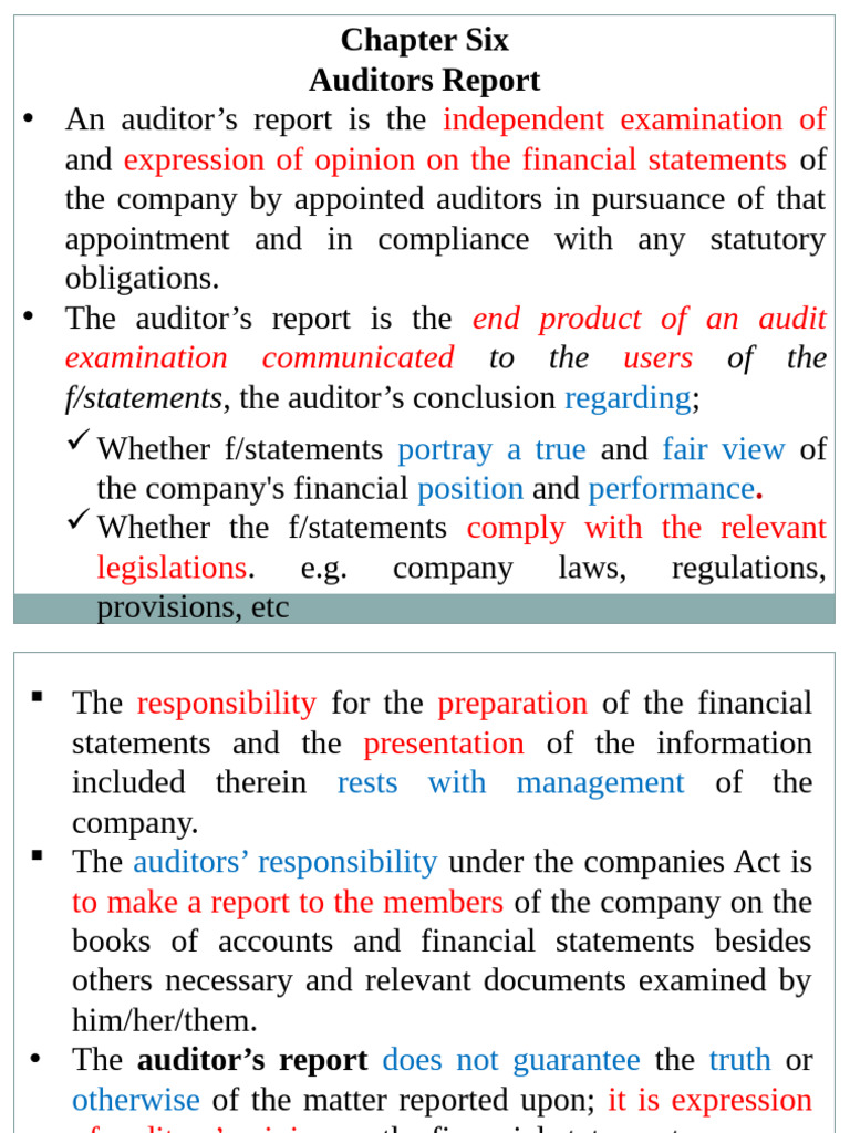 Auditing I Audit Report-Chapter Six 2023 | PDF | Auditor's Report | Audit