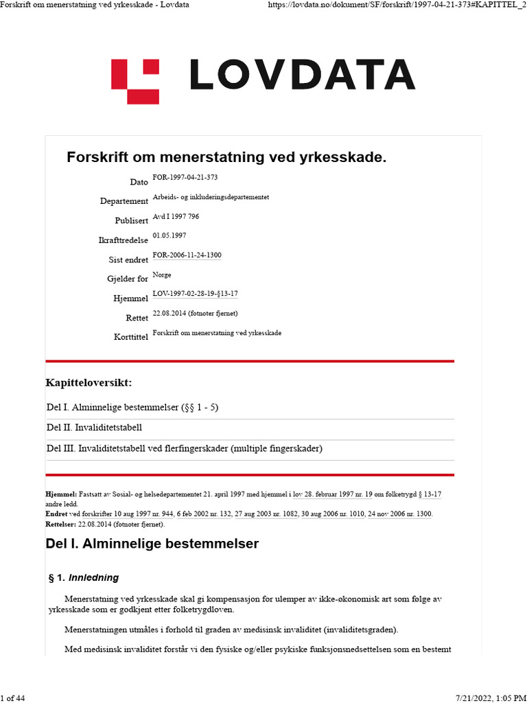 Forskrift Om Menerstatning Ved Yrkesskade - Lovdata (1) | PDF