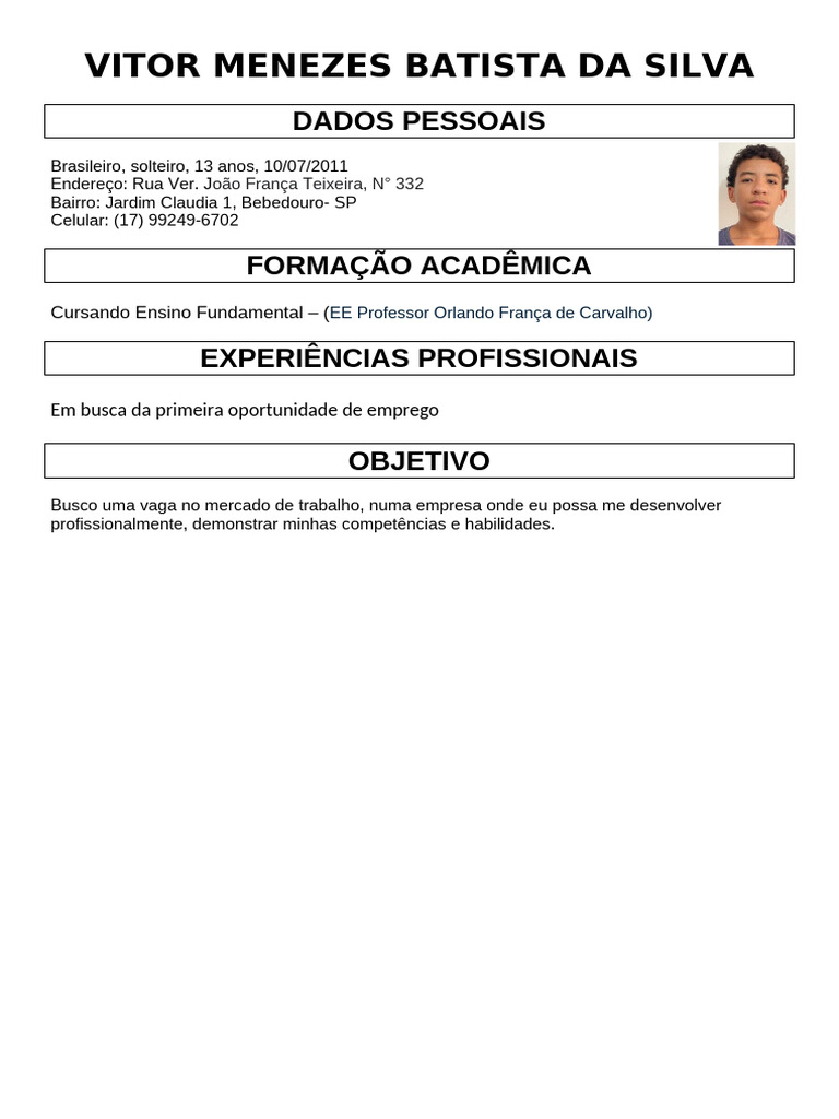 Curriculum Vitor Menezes Batista Da Silva | PDF