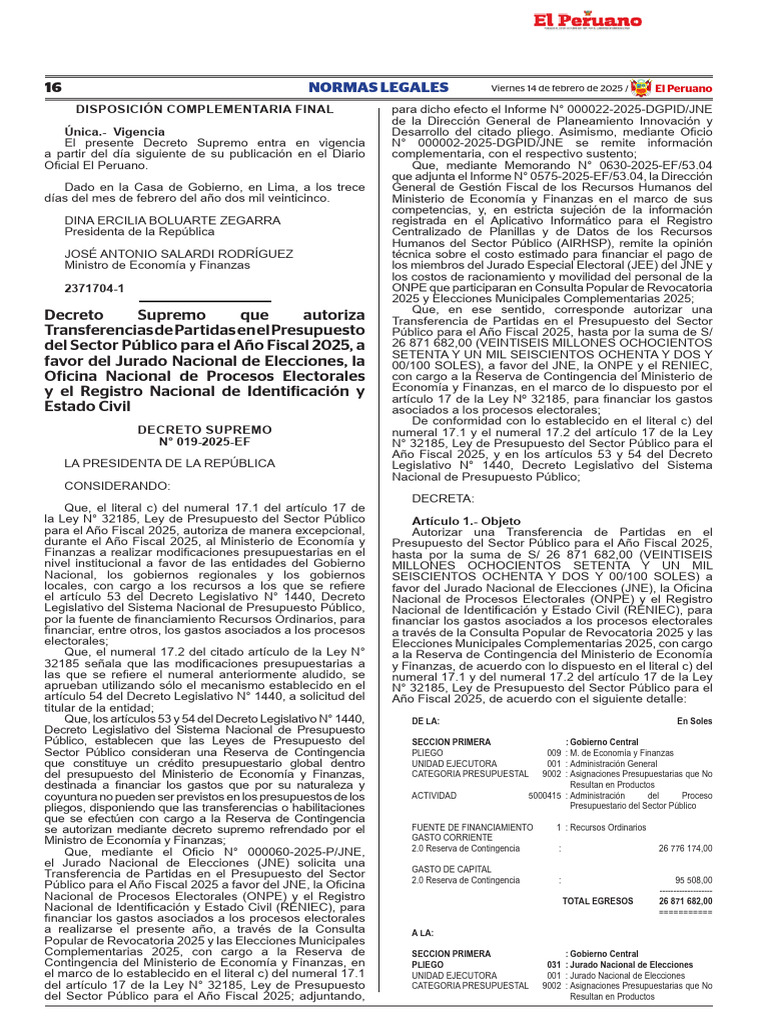 Normas Legales: Disposición Complementaria Final Única.-Vigencia | PDF | Presupuesto ...