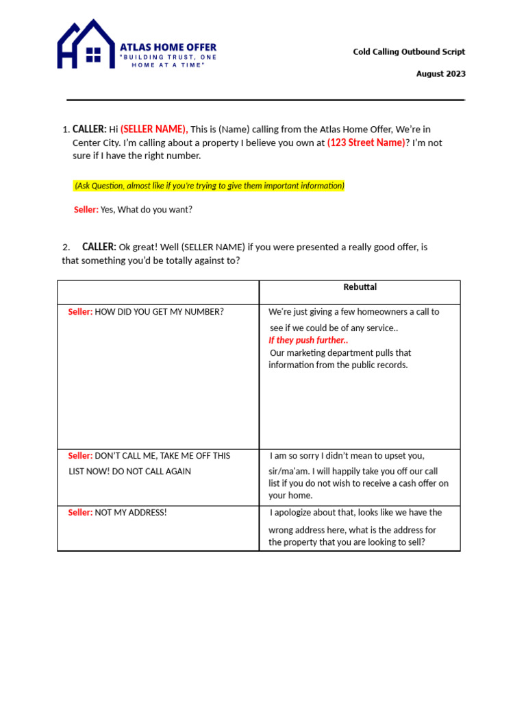 Atlas Home Offer Cold Calling - Outbound Script | PDF