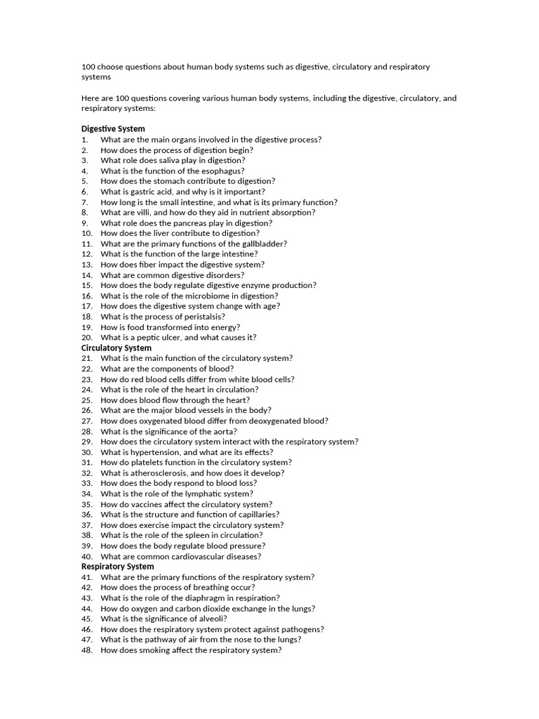 100 Choose Questions About Human Body Systems | PDF | Respiratory Tract ...