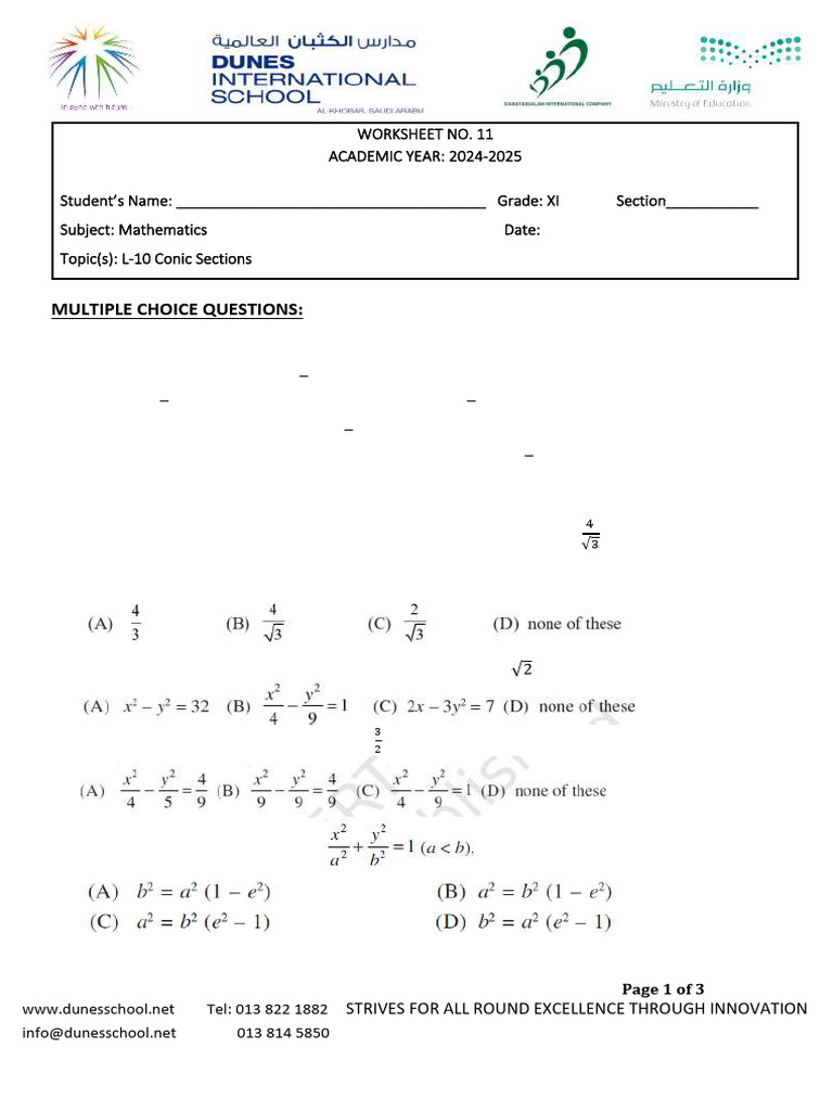 Conic Sections Worksheet for Grade XI | PDF | Ellipse | Classical Geometry