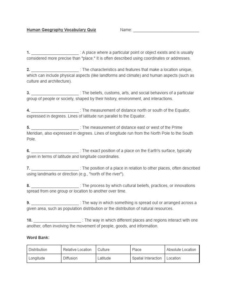 Human Geography Vocabulary Quiz | PDF