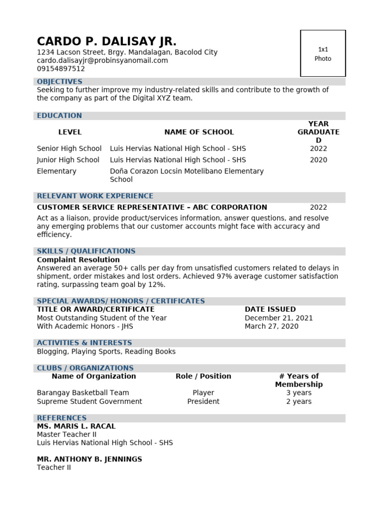 Work Immersion Resume Template NEW | PDF