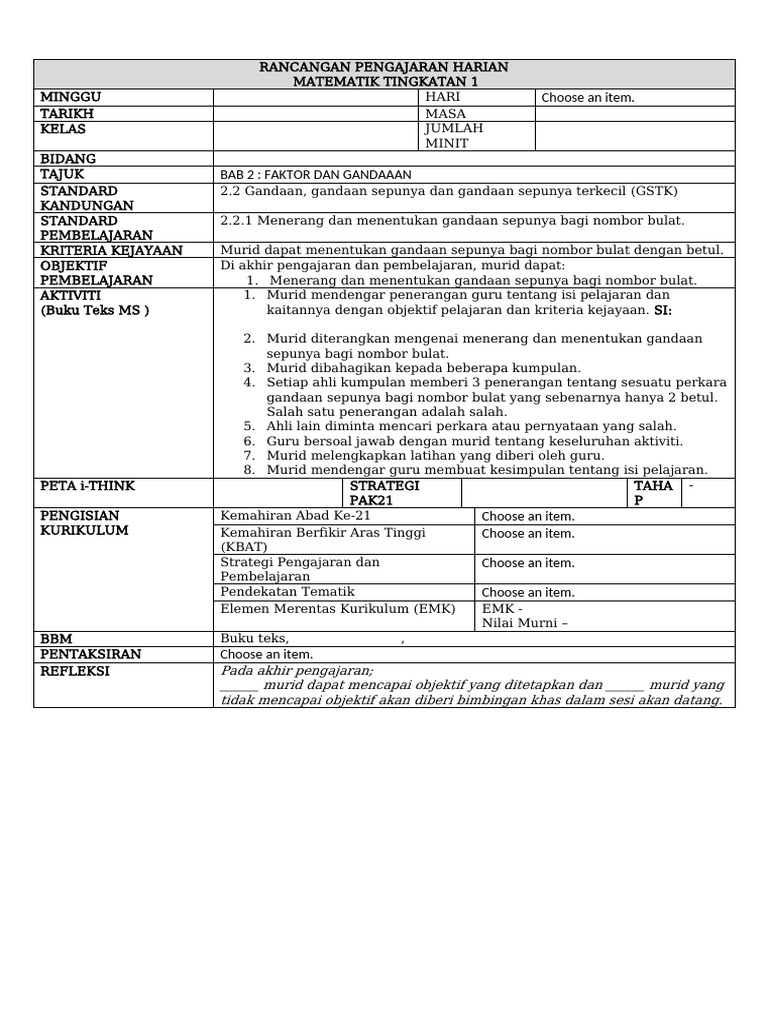RPH Matematik Tingkatan 1 - 2.2 Gandaan, Gandaan Sepunya Dan Gandaan ...