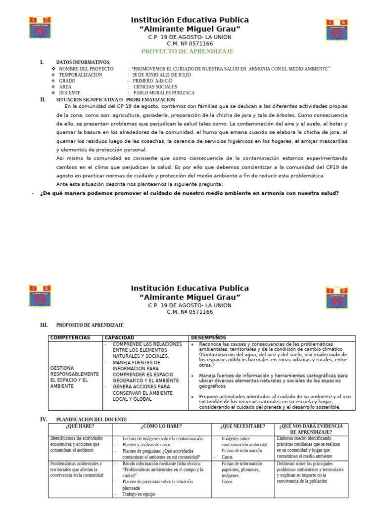 Proyecto de Aprendizaje CCSS 1º - 2do Bim | PDF | Sustentabilidad | Entorno natural