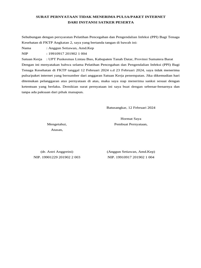 Surat Pernyataan Tidak Menerima Pulsa PPI | PDF