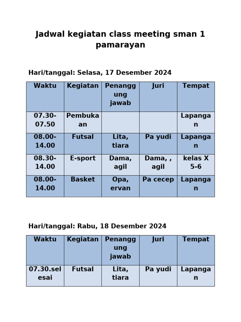 Rundown Acara Class Meeting | PDF