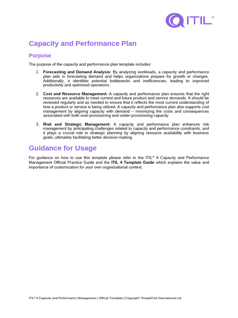 ITIL 4 Capacity and Performance Plan Template | PDF | Strategic ...