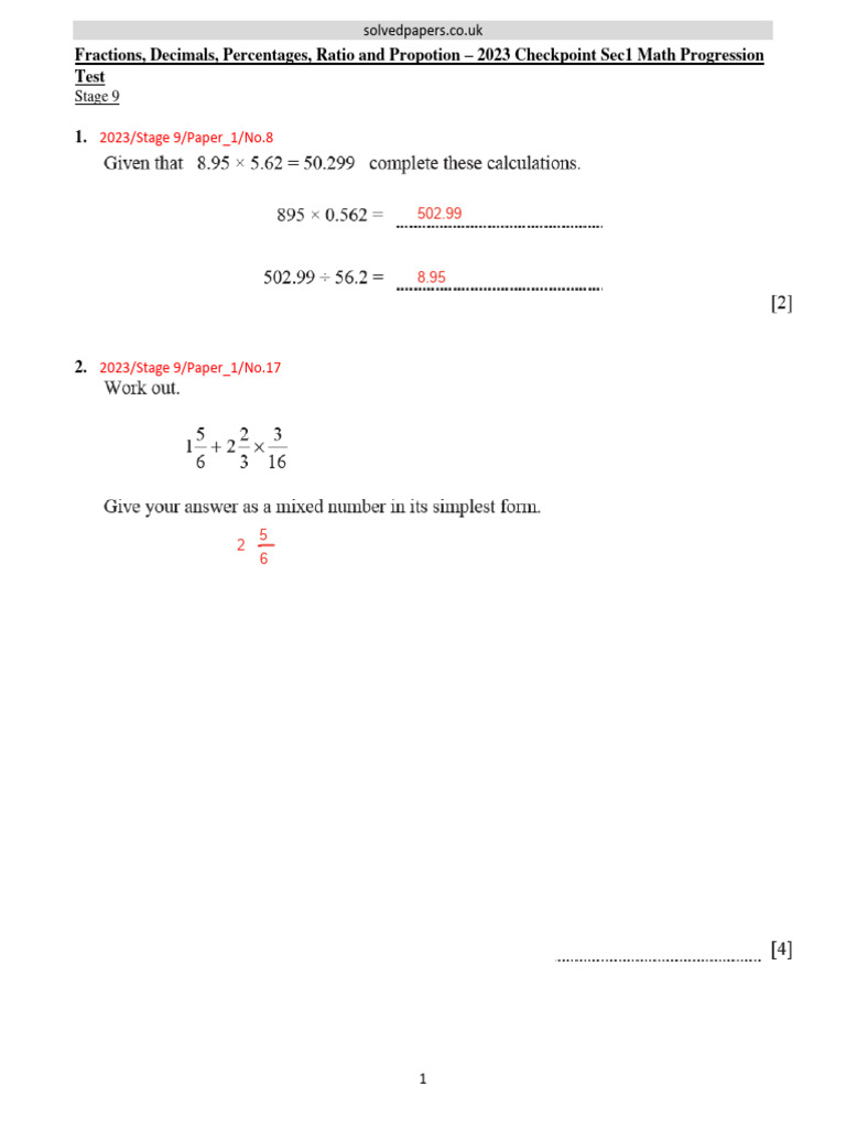 2023 Fractions Decimals Percentages Ratio and Proportion Checkpoint ...