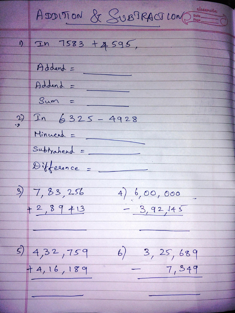 Class V Maths - Addition and Subtraction Worksheet | PDF