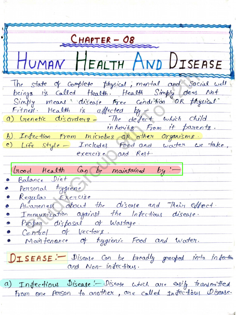 Chapter 08 HUMAN HEALTH and DISEASE Class 12 Biology Handwritten PDF ...