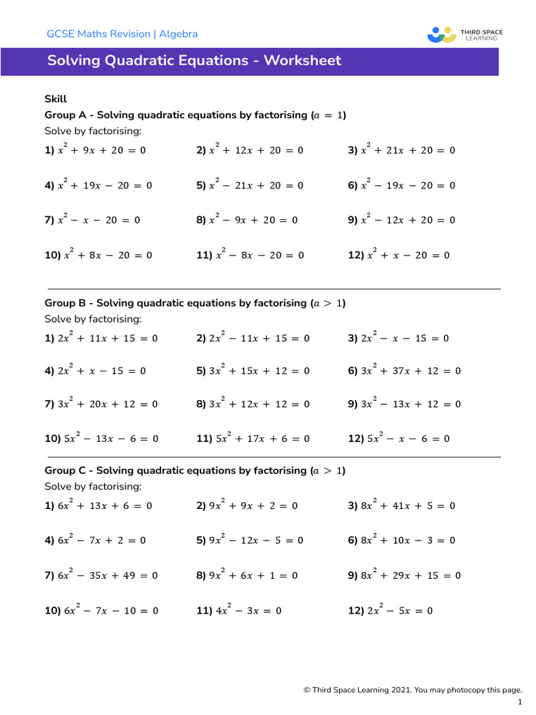 Third Space Learning Solving Quadratic Equations GCSE Worksheet | PDF ...