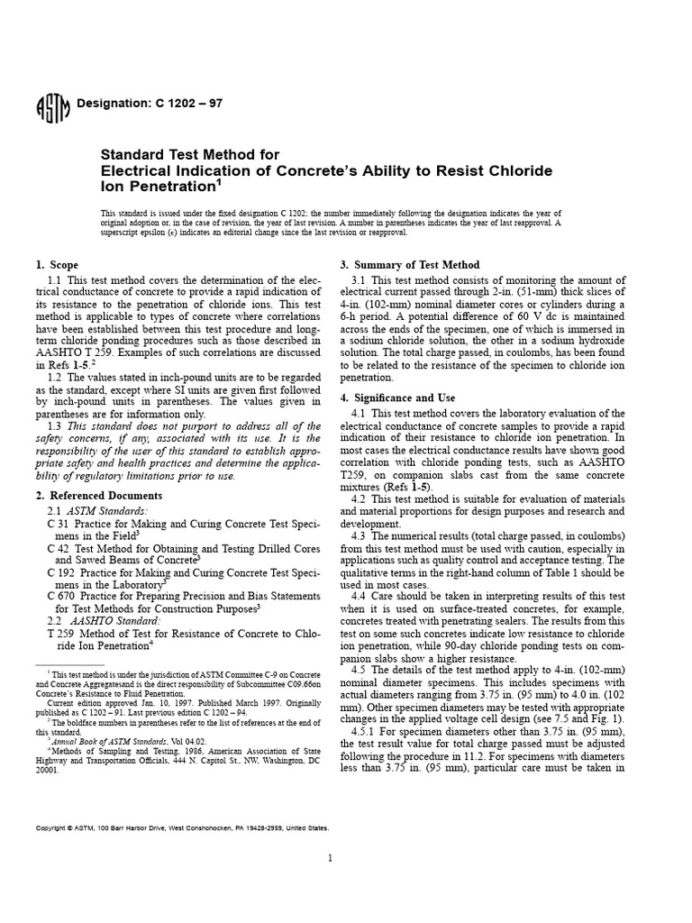 ASTM C 1202 - 97 Standard Test Method For To Resist Chloride Ion ...