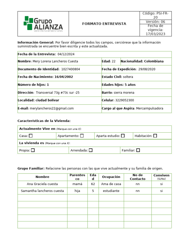 Formato de Entrevista Laboral 2023 | PDF