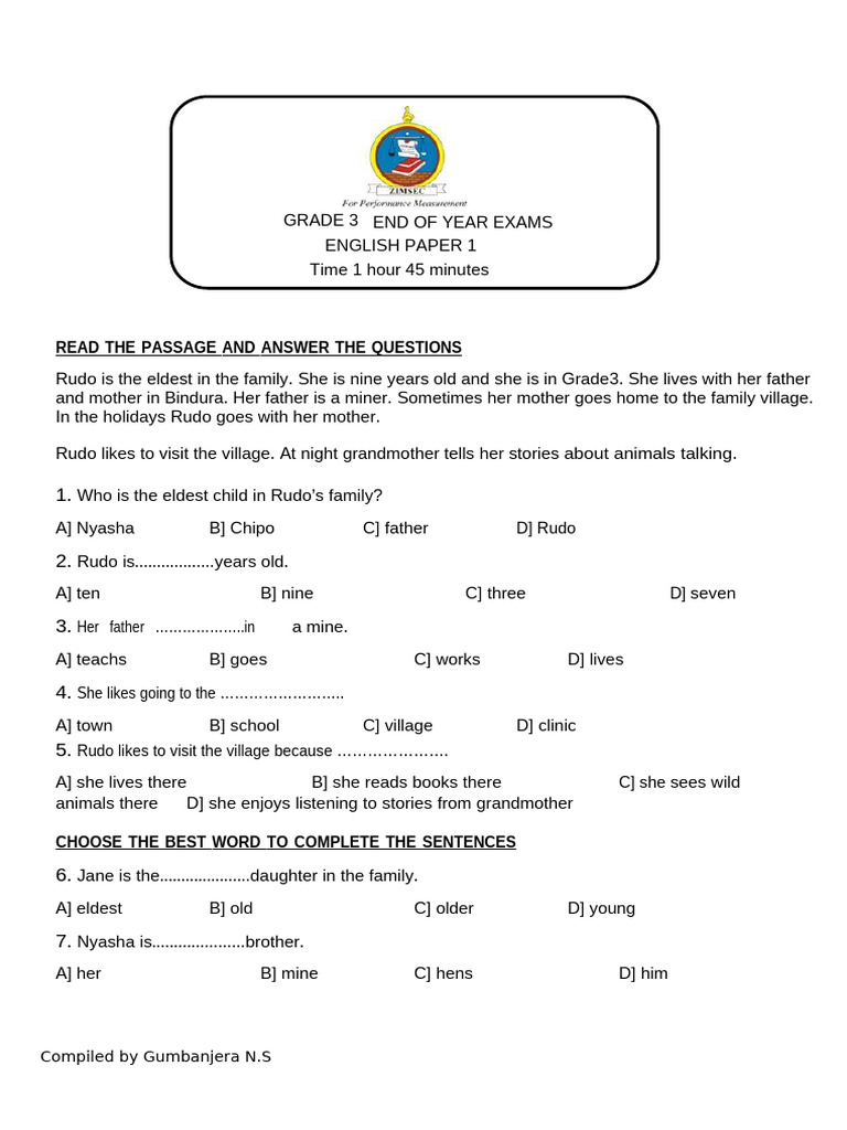 GRADE 3 ENGLISH END OF YEAR PAPER 1 2022 | PDF